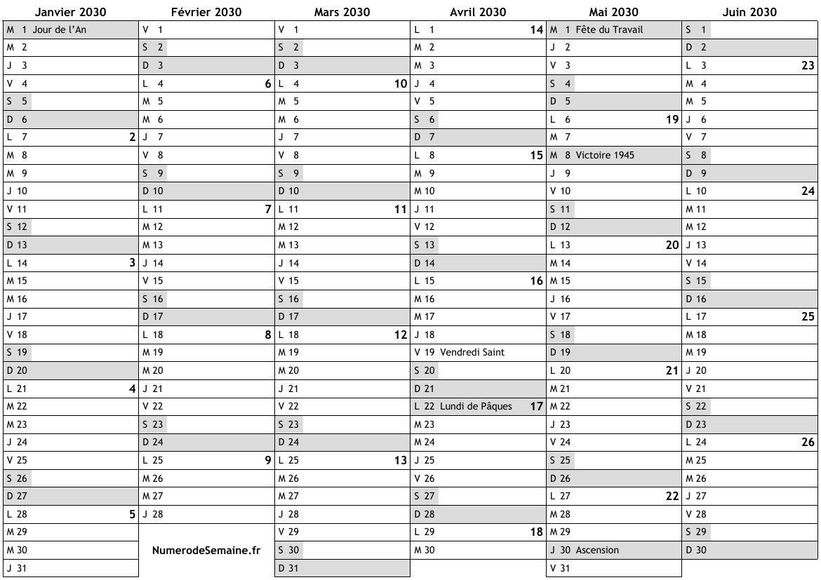 Calendrier 2030 avec jours fériés en France et numéro des semaines ...